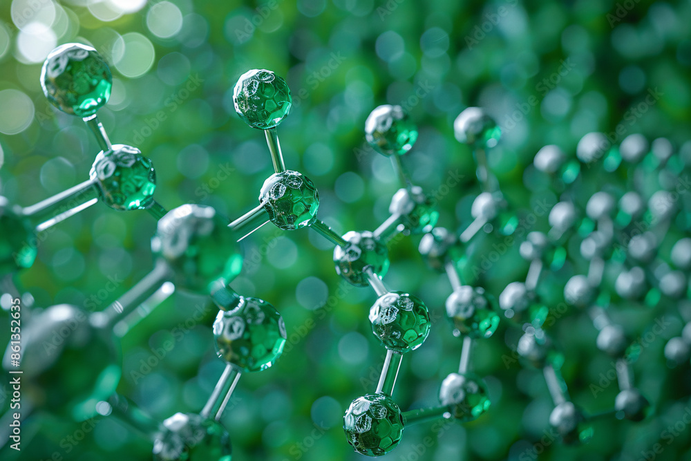 A close-up of green interconnected molecules, displaying spherical ...
