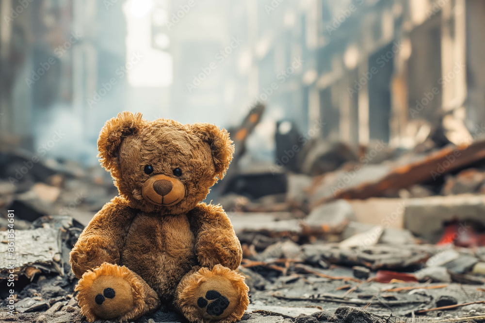 kids teddy bear toy over city burned destruction of an aftermath war ...