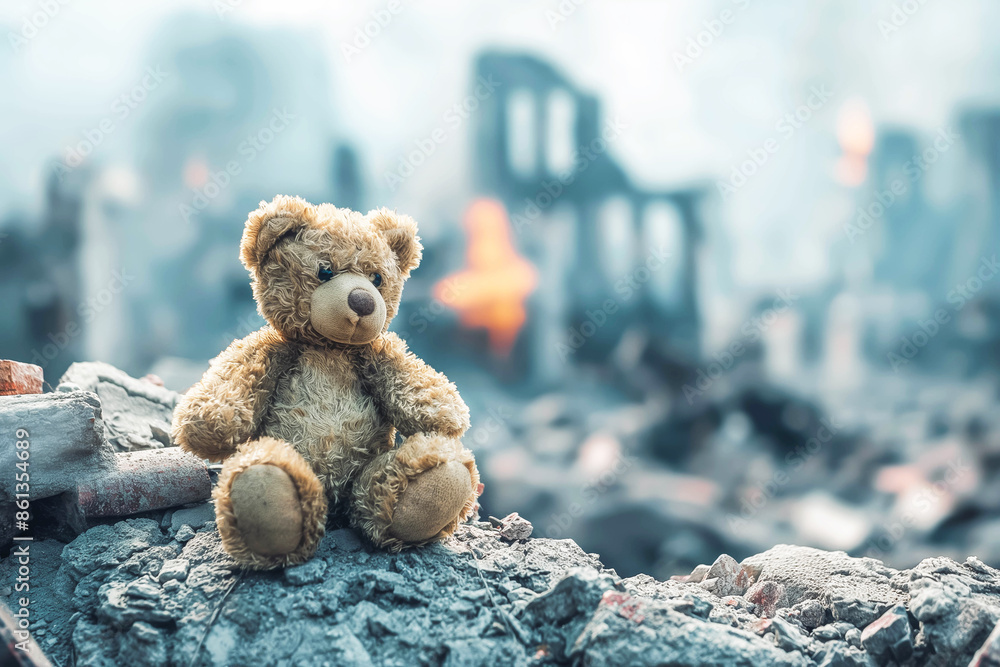 kids teddy bear toy over city burned destruction of an aftermath war ...