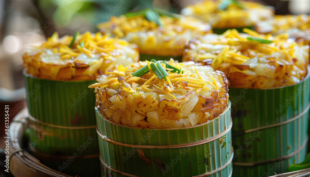 Enjoy Traditional Thai Steamed Coconut Pandan Cake in Banana Leaf ...