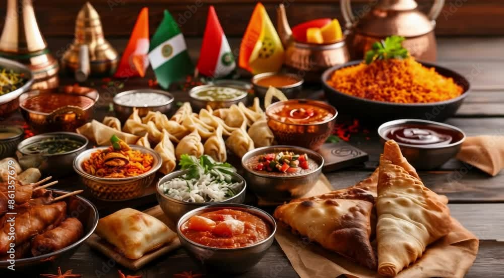 Table set with traditional Indian dishes, samosas, biryani, sweets ...