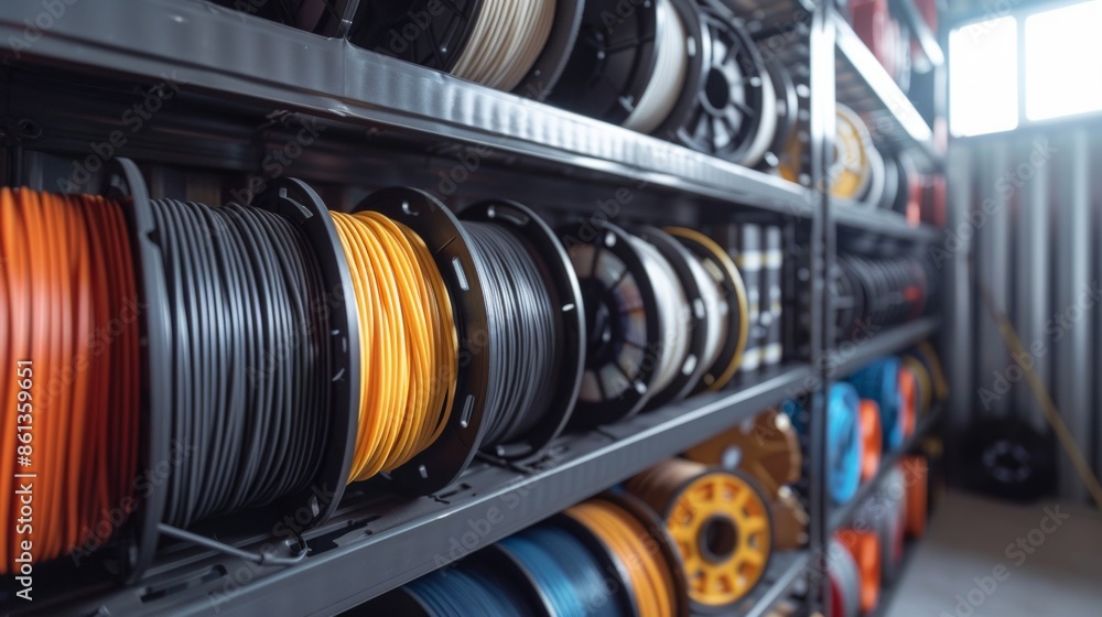 Large coils with colored electrical wires on huge shelves in an ...