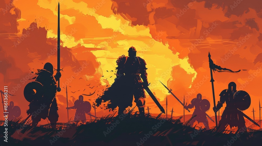 Defeated warrior holding a sword on the field. Bloody sunset behind him ...