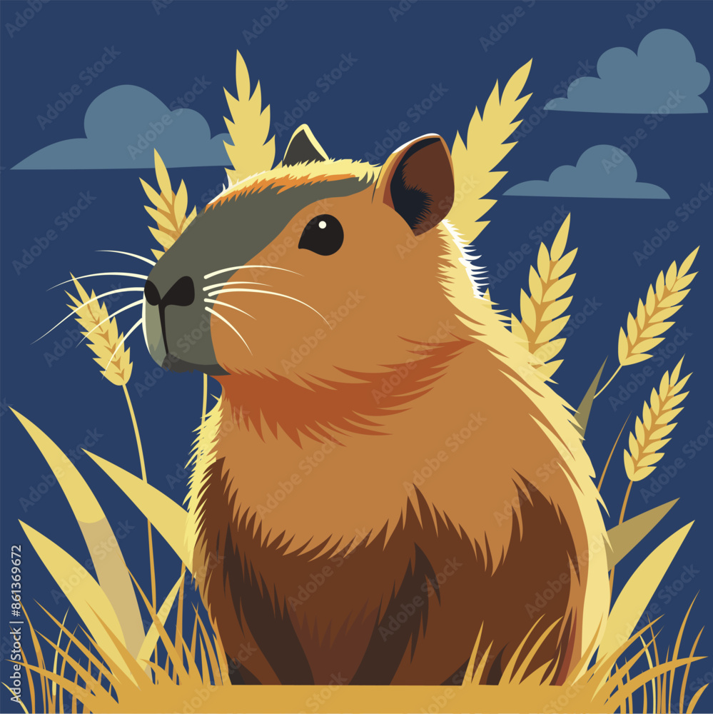 Cute fluffy capybara on a background of tall grass, flat color vector ...