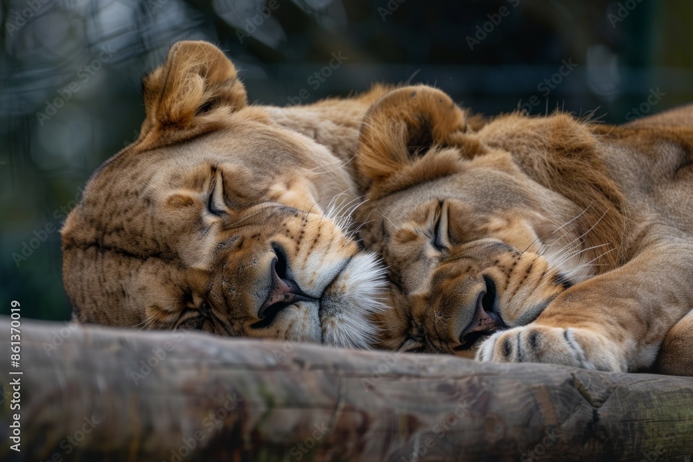Two lions asleep with their heads touching at the top and with ears ...