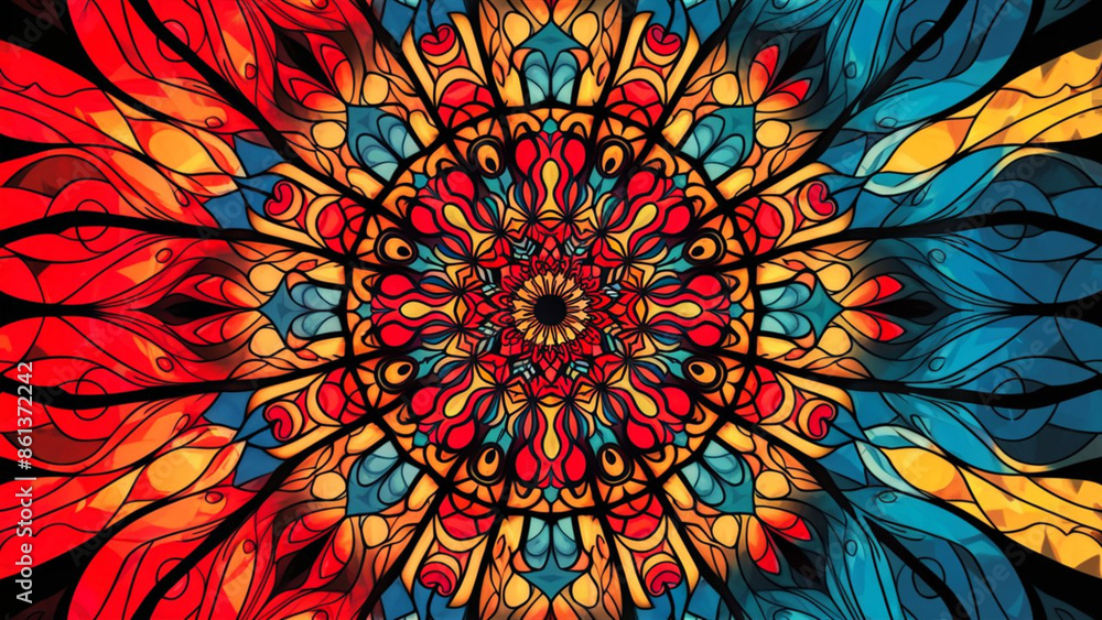 Mandala background with stained glass effect and primary colors ...
