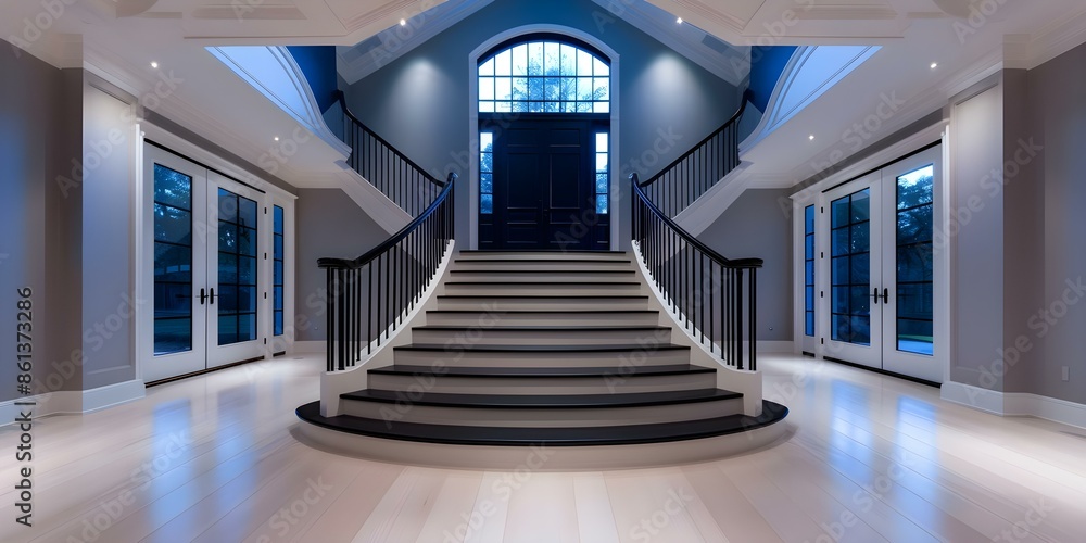 Modern navy staircase grand front door pale hardwood vaulted ceiling ...