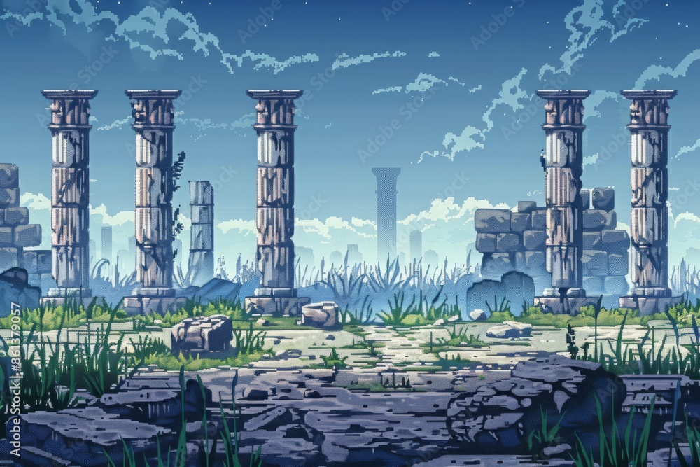 Pixel art of ancient Greek ruins, serene skies gracing the remnants of ...