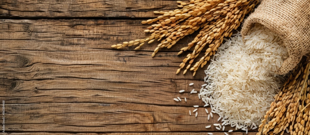 On a wooden backdrop, showcase organic paddy seeds and fragrant jasmine rice alongside a ...