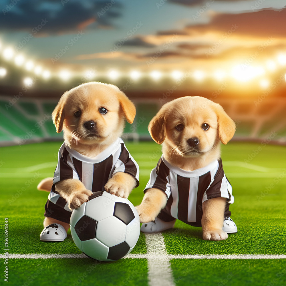 Two puppies in soccer uniforms sitting on a football field | Dos ...