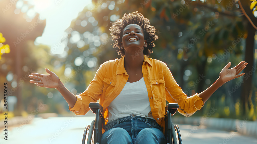 Happy young African american black woman on a wheelchair .Diversity and ...