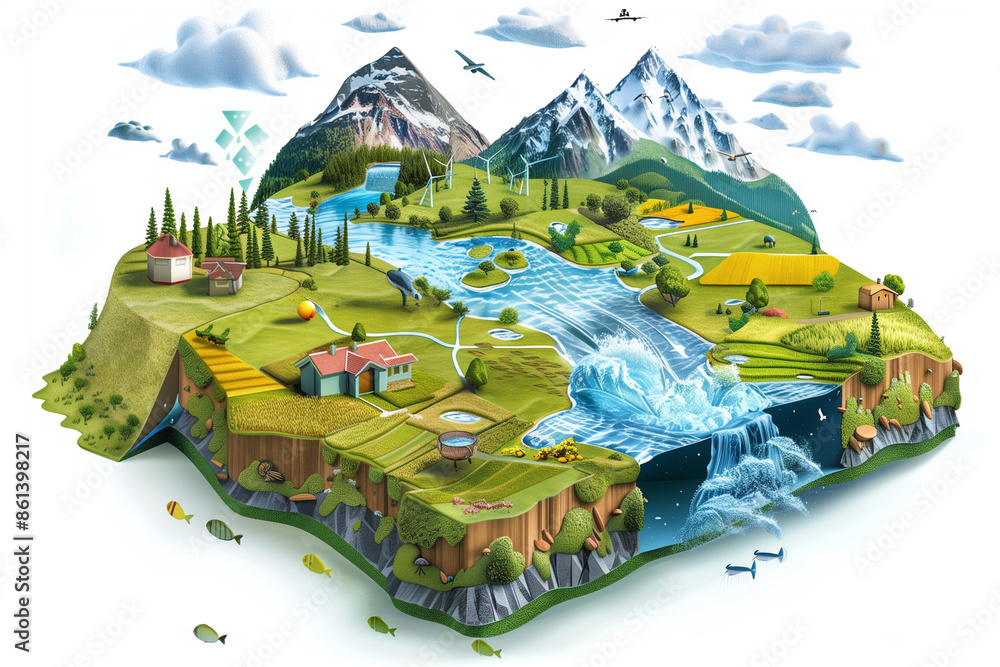 A diagram illustrating the water cycle and human impacts on freshwater ...