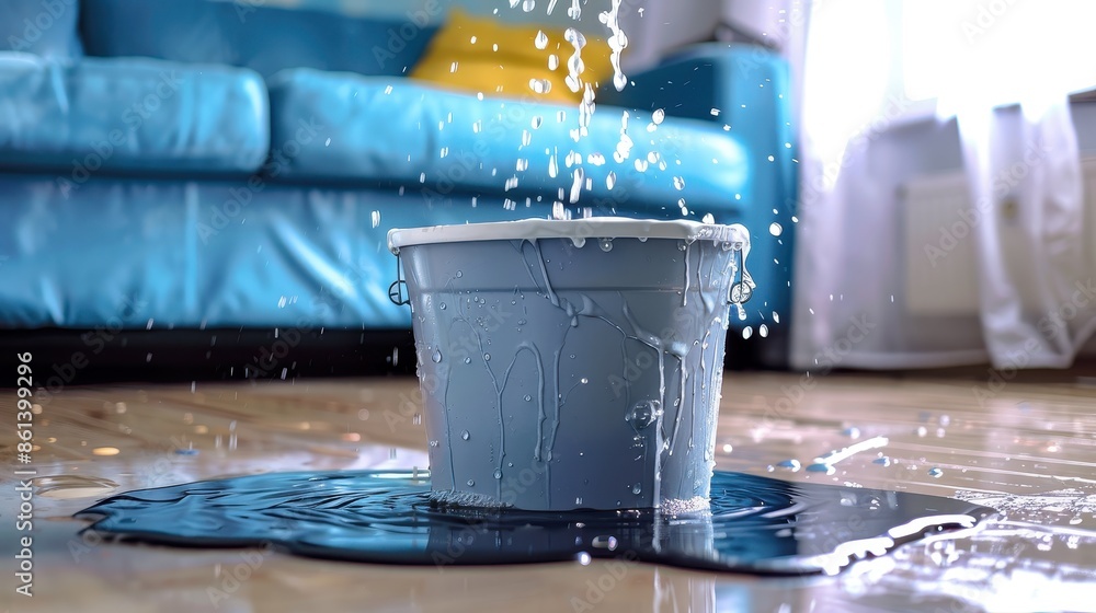 An image showing a plastic bucket indoors collecting water dripping ...