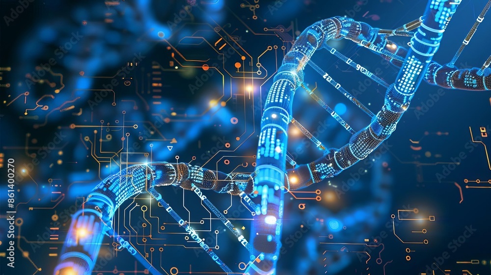 Futuristic digital representation of a DNA strand intertwined with circuitry and glowing lights ...