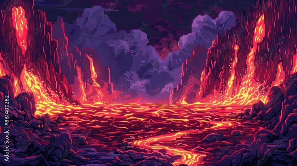 Pixel art showing a hellish river of lava flowing through a volcanic ...