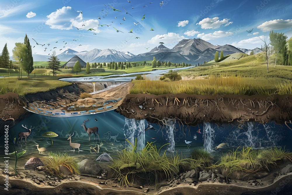 A diagram illustrating the water cycle and human impacts on freshwater ...
