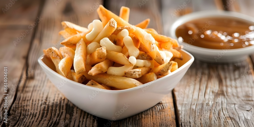Poutine Canadian dish of French fries cheese curds and gravy. Concept ...