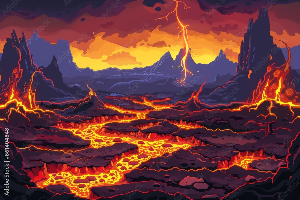 Pixel art of an apocalyptic volcanic landscape at sunset with erupting ...