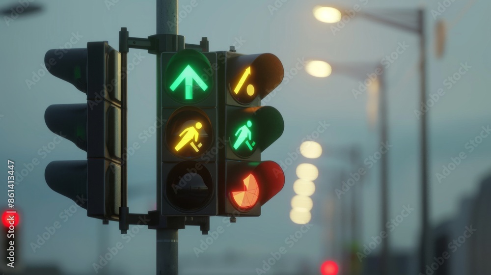 A traffic light pole with directional signs and signals for vehicles ...
