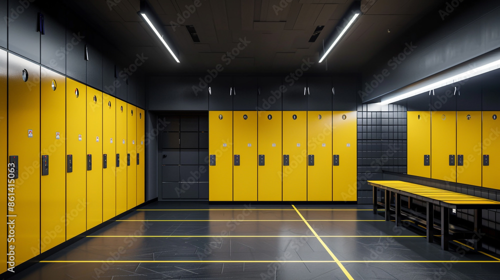 Modern locker room with yellow lockers in the gym, mockup concept Stock ...