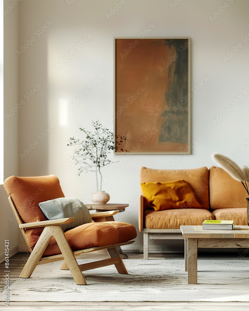 Terra cotta rustic armchair and sofa near wall with frame. Scandinavian ...