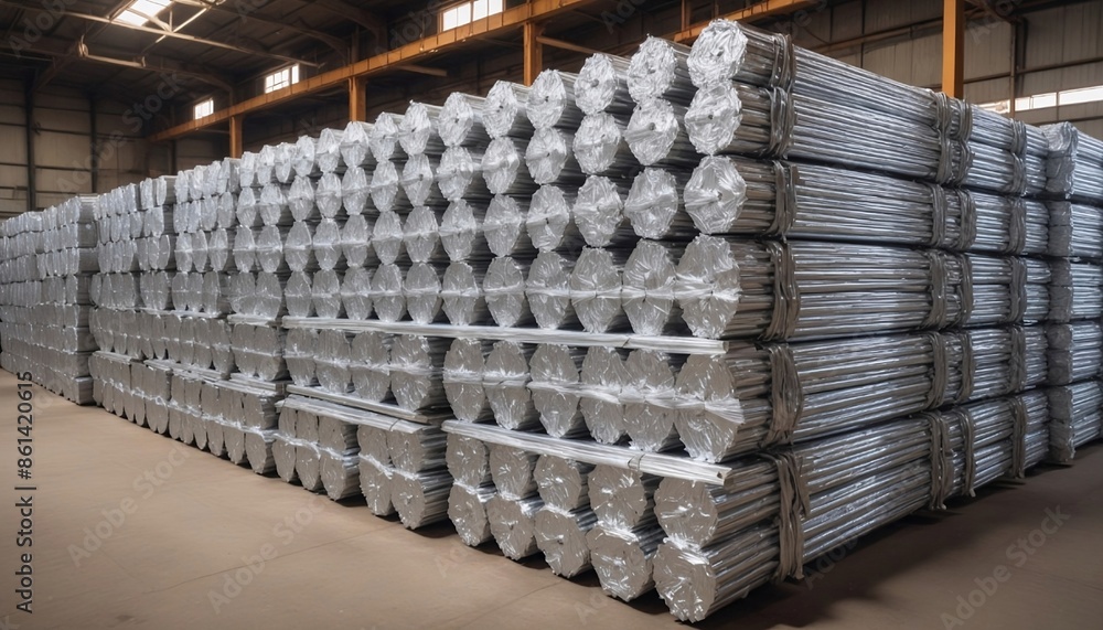 Storing aluminum rods in a warehouse for remelting into foil metal ...