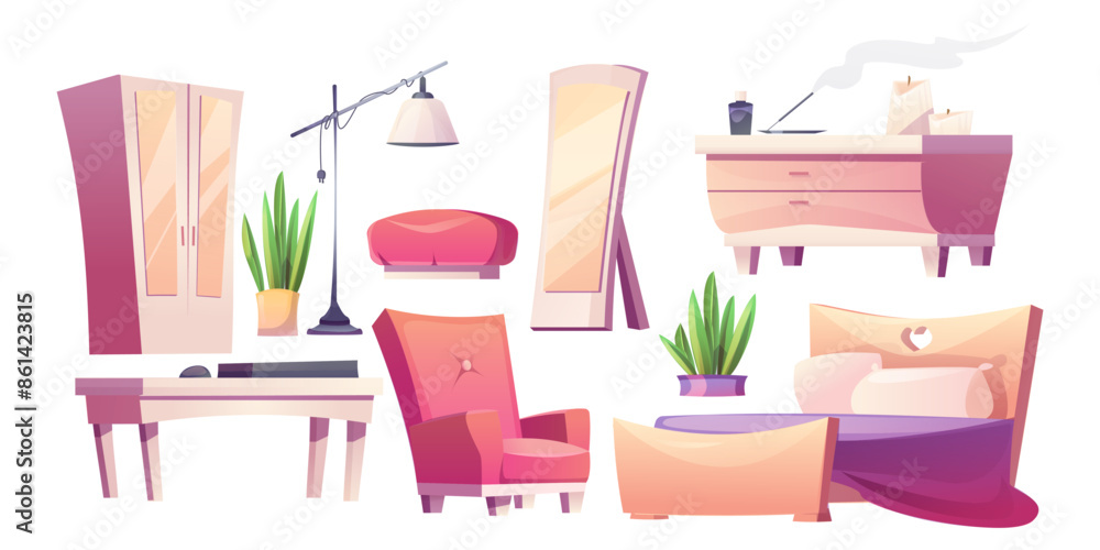 Bedroom interior pink furniture, equipment and decorative elements ...