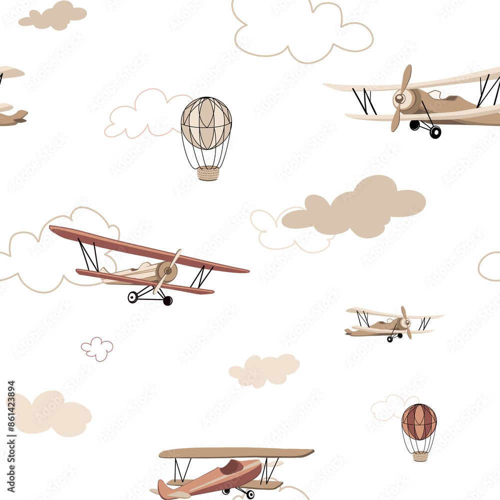 Seamless pattern with retro airplanes in beige color minimalist style ...