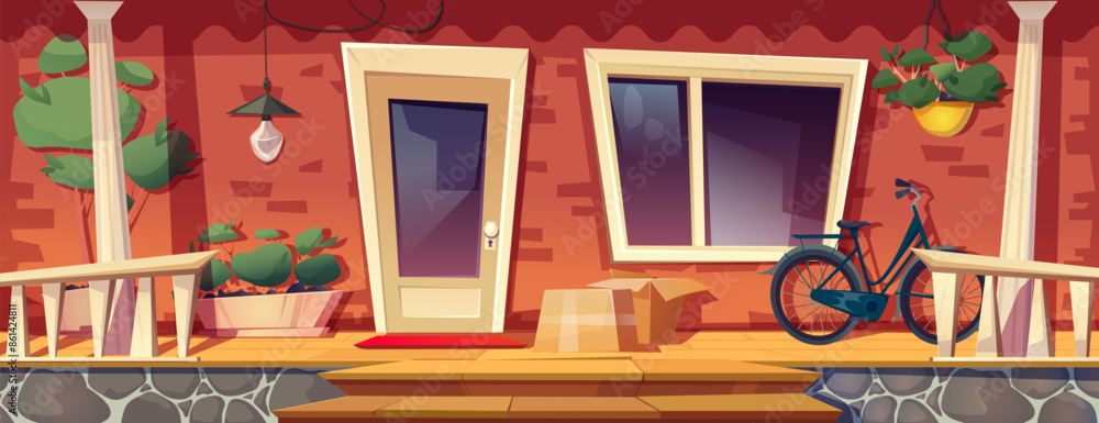 House porch with closed front door, red brick wall, bicycle and boxes ...