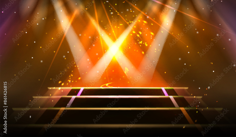 Gold light show stage. Abstract spotlight podium. Golden concert or ...