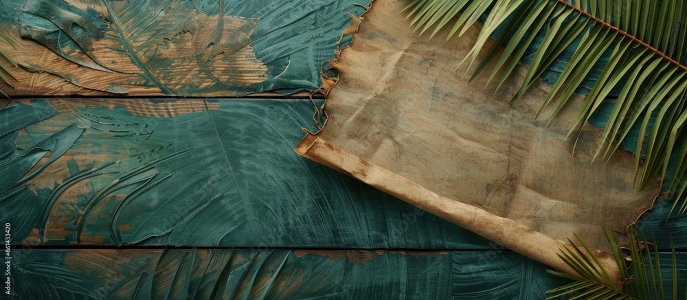 Ancient palm leaves used for manuscripts on wooden and green backdrop ...