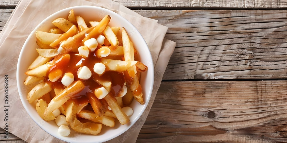 Canadian poutine golden fries cheese curds rich gravy on rustic wood ...
