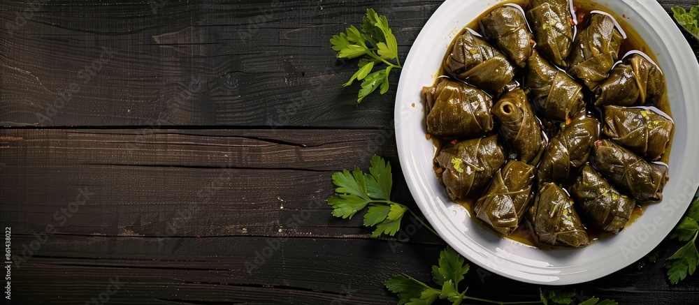 Authentic dolma presented on a white dish against a dark wooden ...