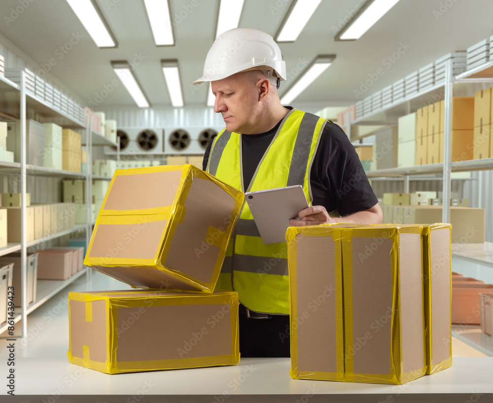 Man inside cold storage warehouse. Loader with boxes works in mud shed ...