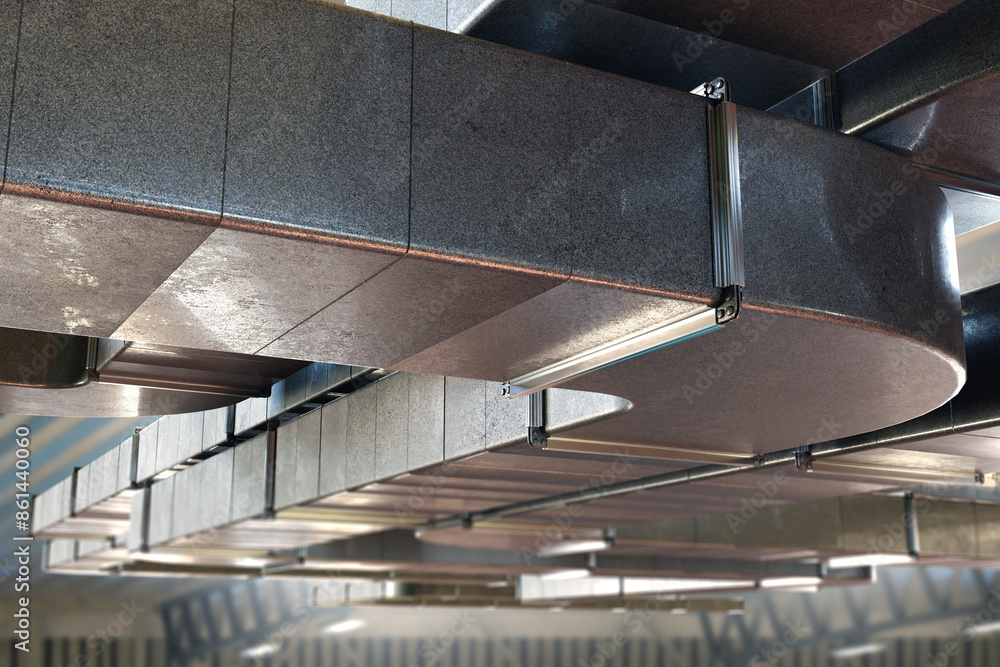 Foto de Ventilation pipes under ceiling. Aluminum air-conditioning ...