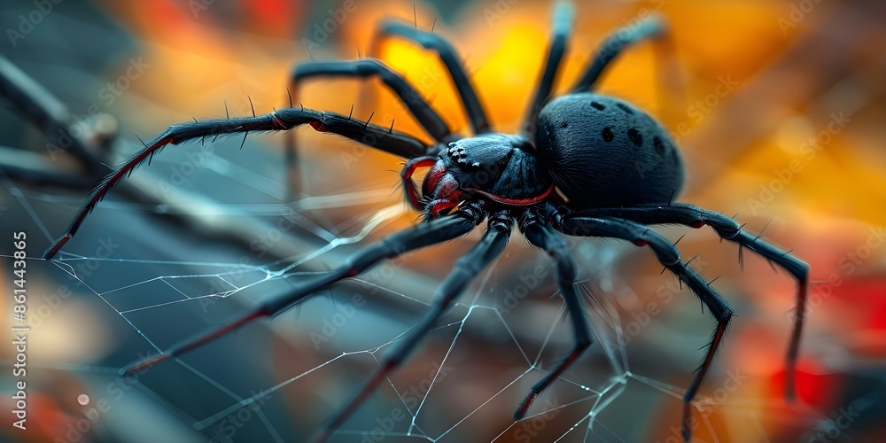 Closeup of black widow spider with red hourglass marking on web ...