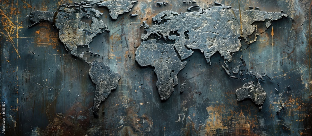 Grunge metal texture background with world map displaying country names ...