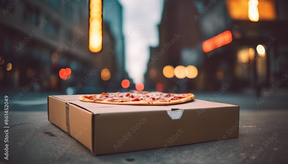 Urban Fast Food Concept: A fresh pizza in a cardboard box awaits pickup ...