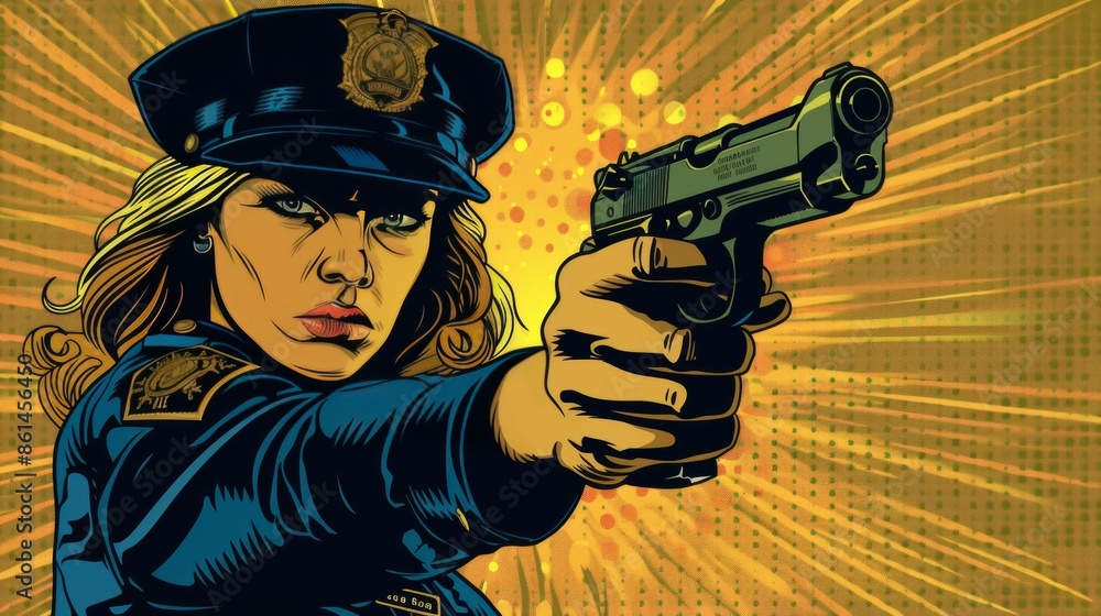 Vector illustration of female police officer holding a gun. Comic book ...