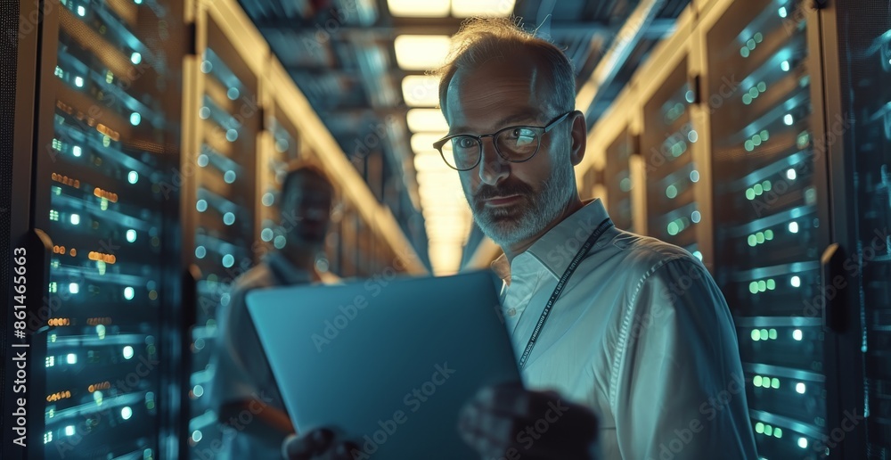 Professional IT engineer working on laptop in modern data center server ...