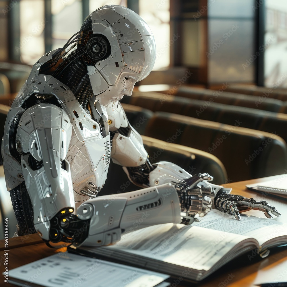 A humanoid robot reading and studying a book at a desk in a modern ...