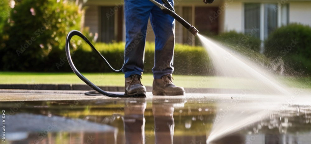 Pressure washing driveway. Close up on water splash and worker in ...