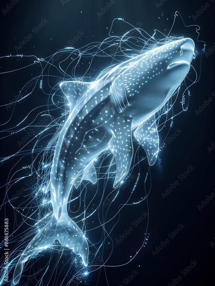abstract digital art of a whale shark, with thin white lines on a black ...