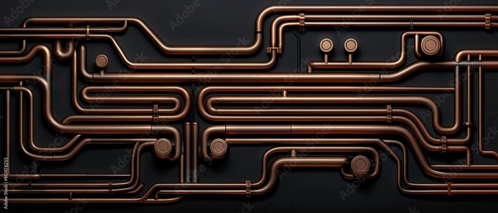 Intricate copper piping system against dark background, showcasing ...