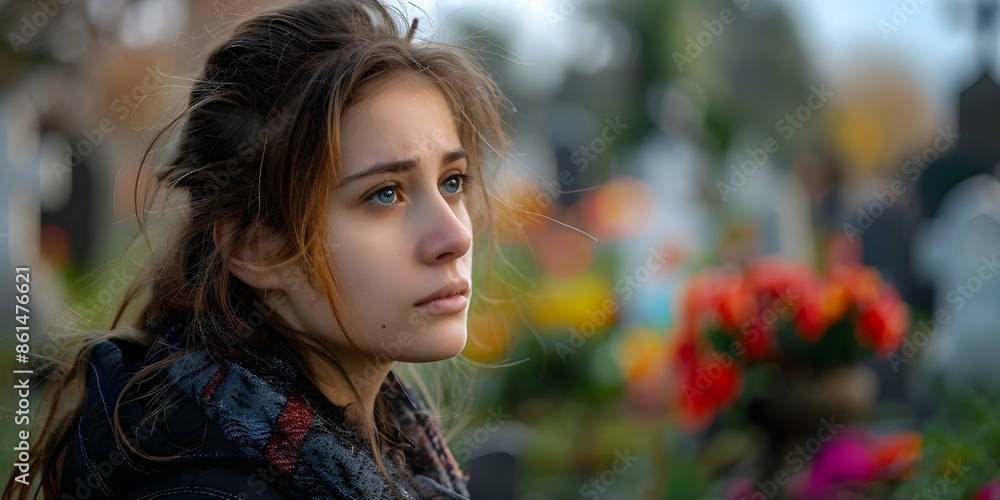 ภาพประกอบสต็อก Portrait of a grieving young widow paying respects at a ...