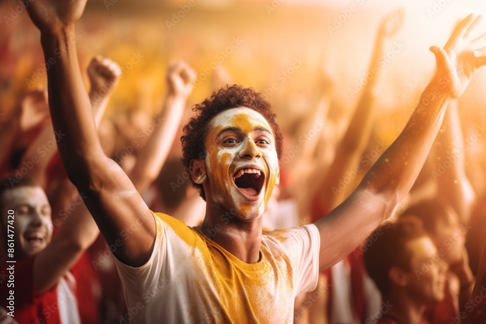 Foto de Excited young man cheering passionately in a crowded stadium ...