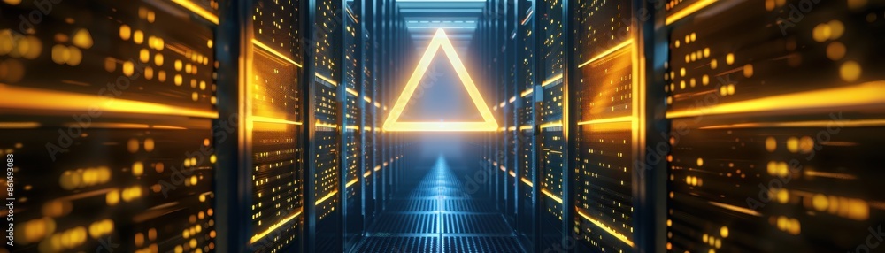 Data server, gold warning triangle, encrypted data symbol, front view ...