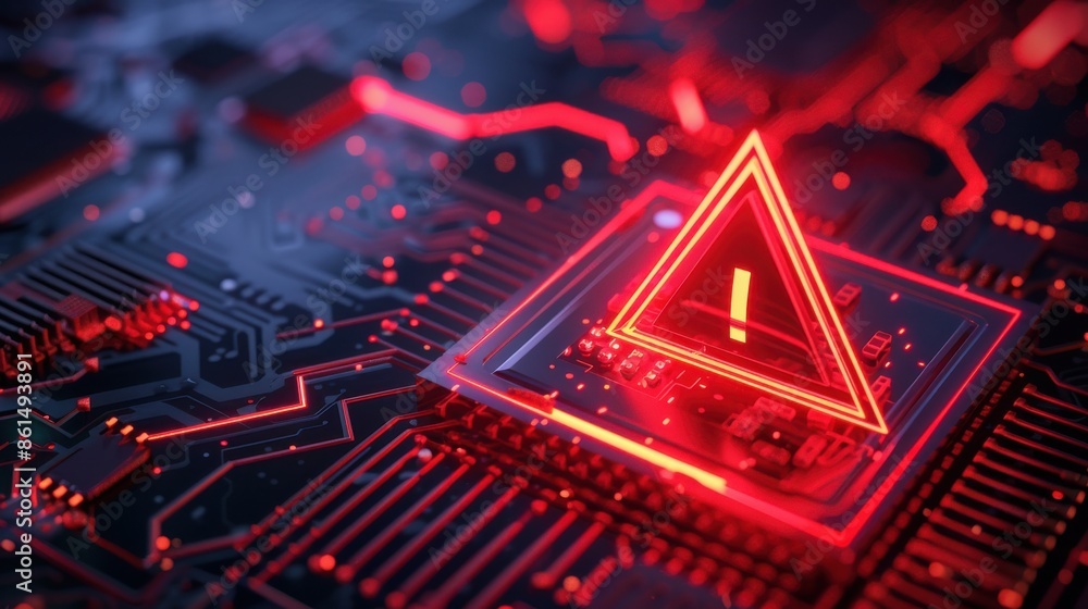 Data server, red warning triangle, circuit board background, front view ...