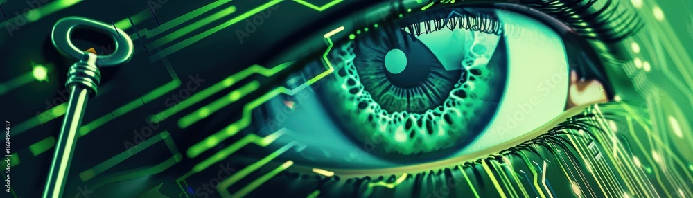 Eye icon, green data flow chart, security key, side view, emphasizes ...