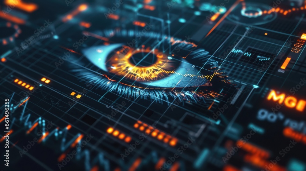 Eye icon, dark digital analytics graph, access granted message, top ...